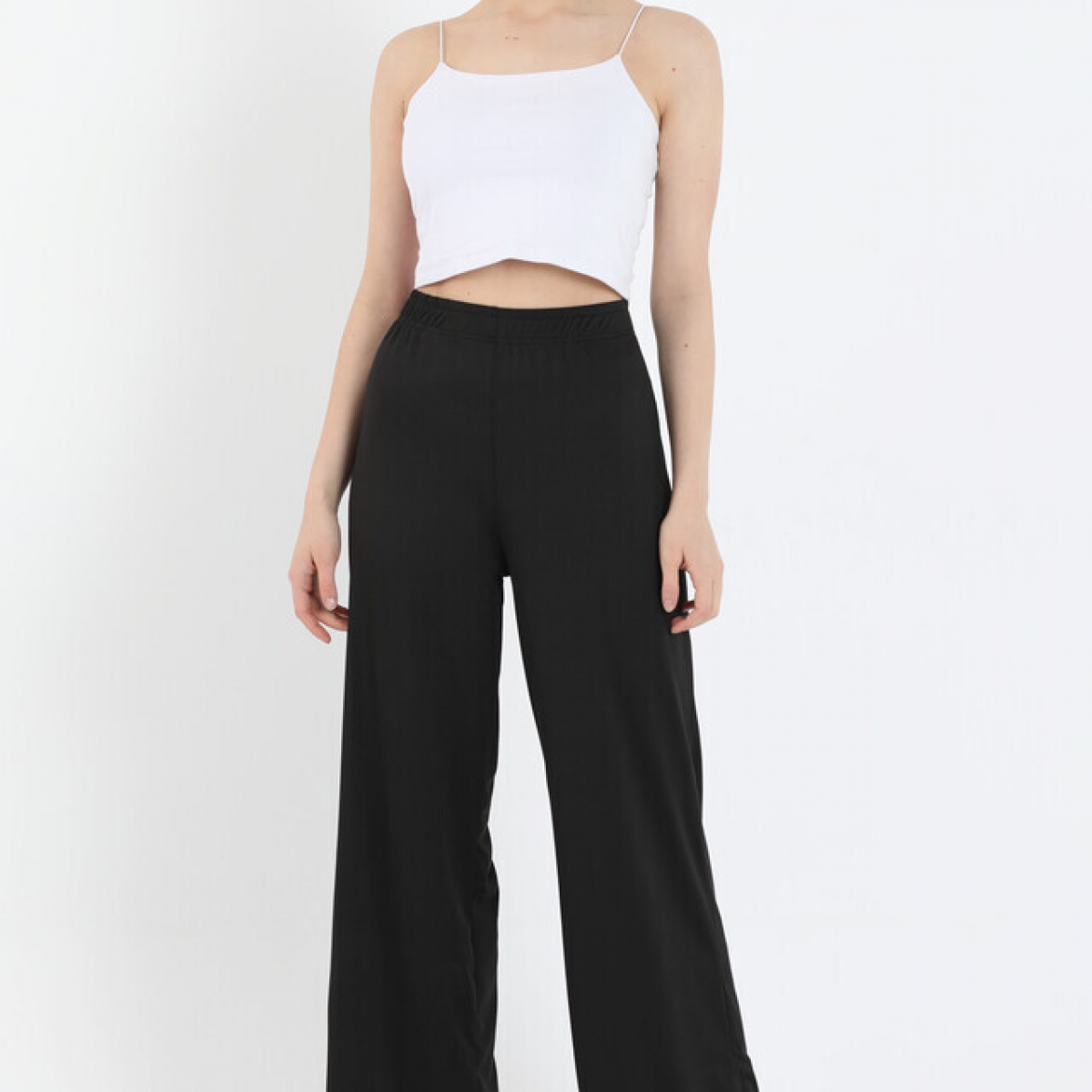 Flo - Kadın Crep Likralı Beli Lastikli Rahat Kesim Bol Paça Pantolon