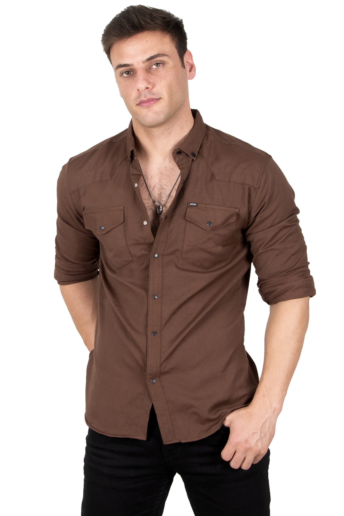 DeepSEA Erkek Kahve Çıt Çıt Düğmeli Cep Çift Kapaklı Kot Gömlek 2300410 ...