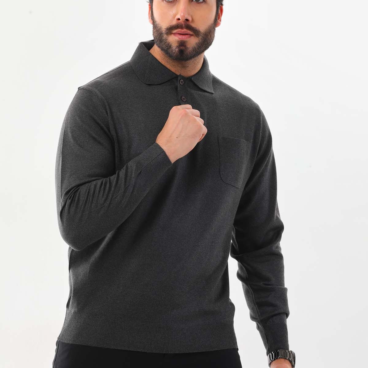 Erkek Polo Yaka Cep Detaylı Yün Kazak 3000 Füme Fiyatları | Flo