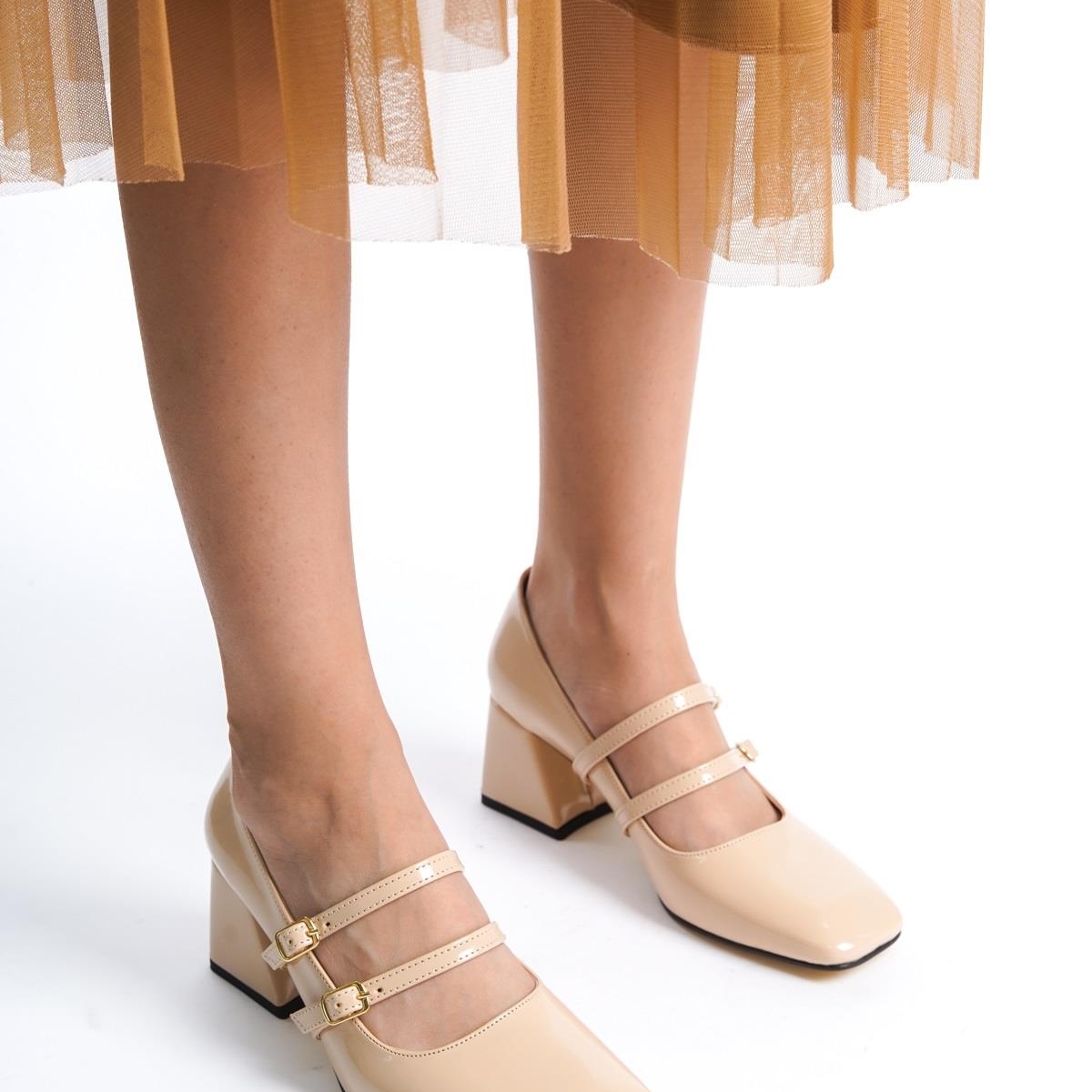 Culia Ten Rugan Mary Jane Çift Bant Küt Burun Topuklu Ayakkabı ...