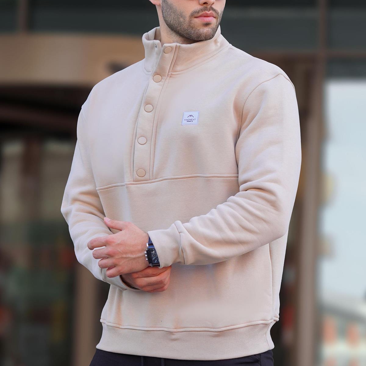 Bej Dik Yakalı Düğme Detaylı Erkek Sweatshirt 7060 Fiyatları | Flo