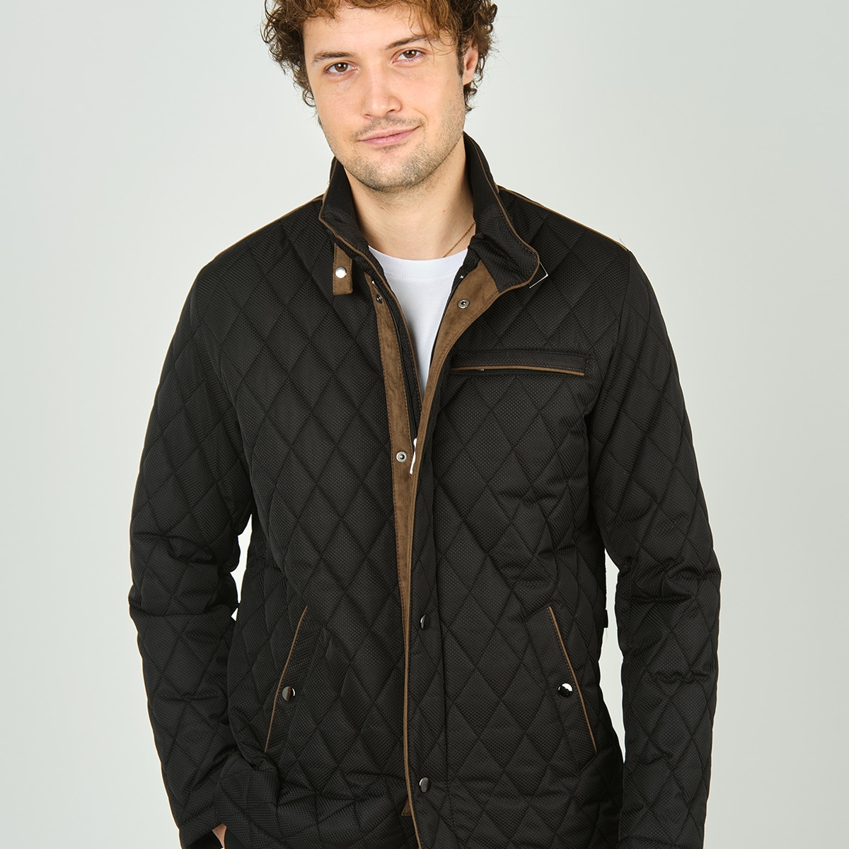 Erkek Dik Yaka Fermuar ve Çıtçıt Kapamalı Kapitone Kaban 1000 Siyah ...