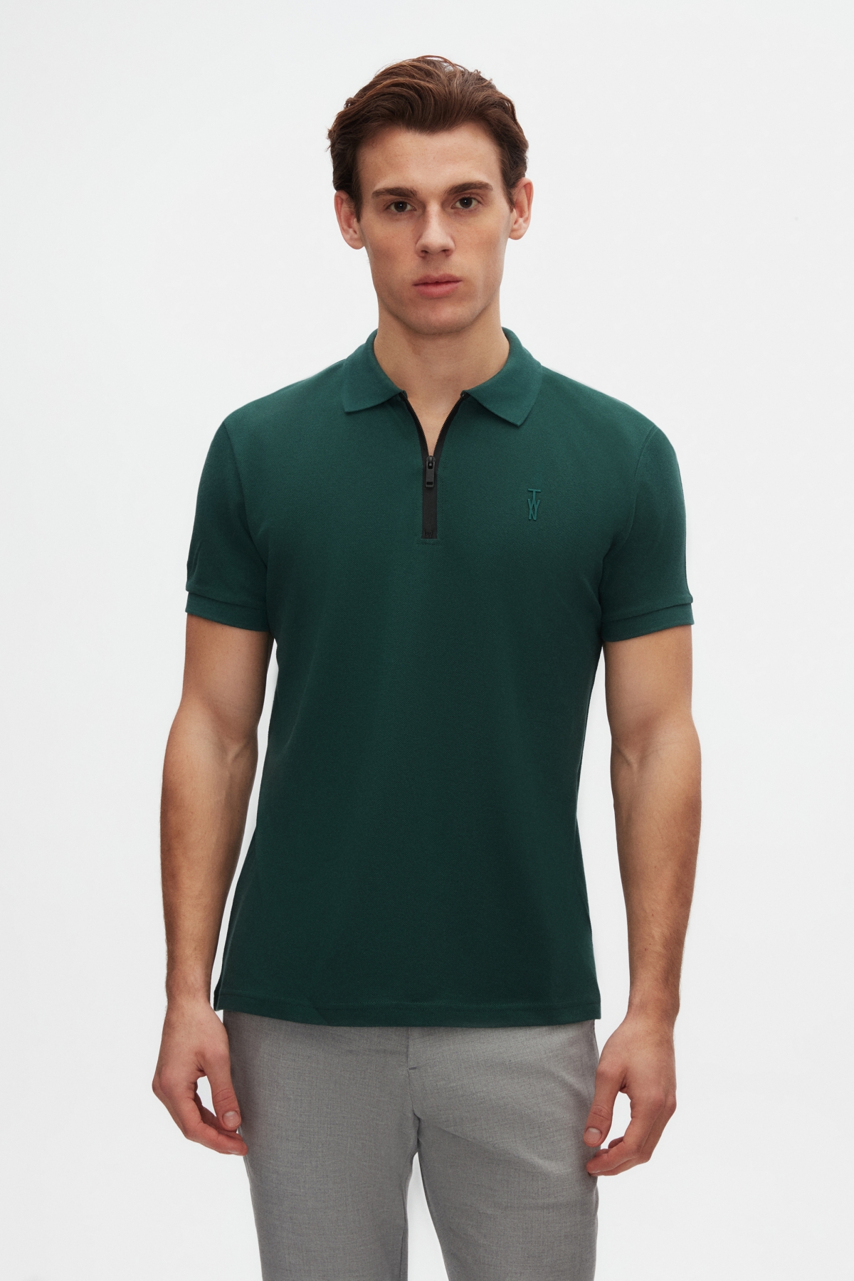 Slim Fit Haki Pike Dokulu Yarım Fermuarlı Polo Yaka T-Shirt Fiyatları | Flo