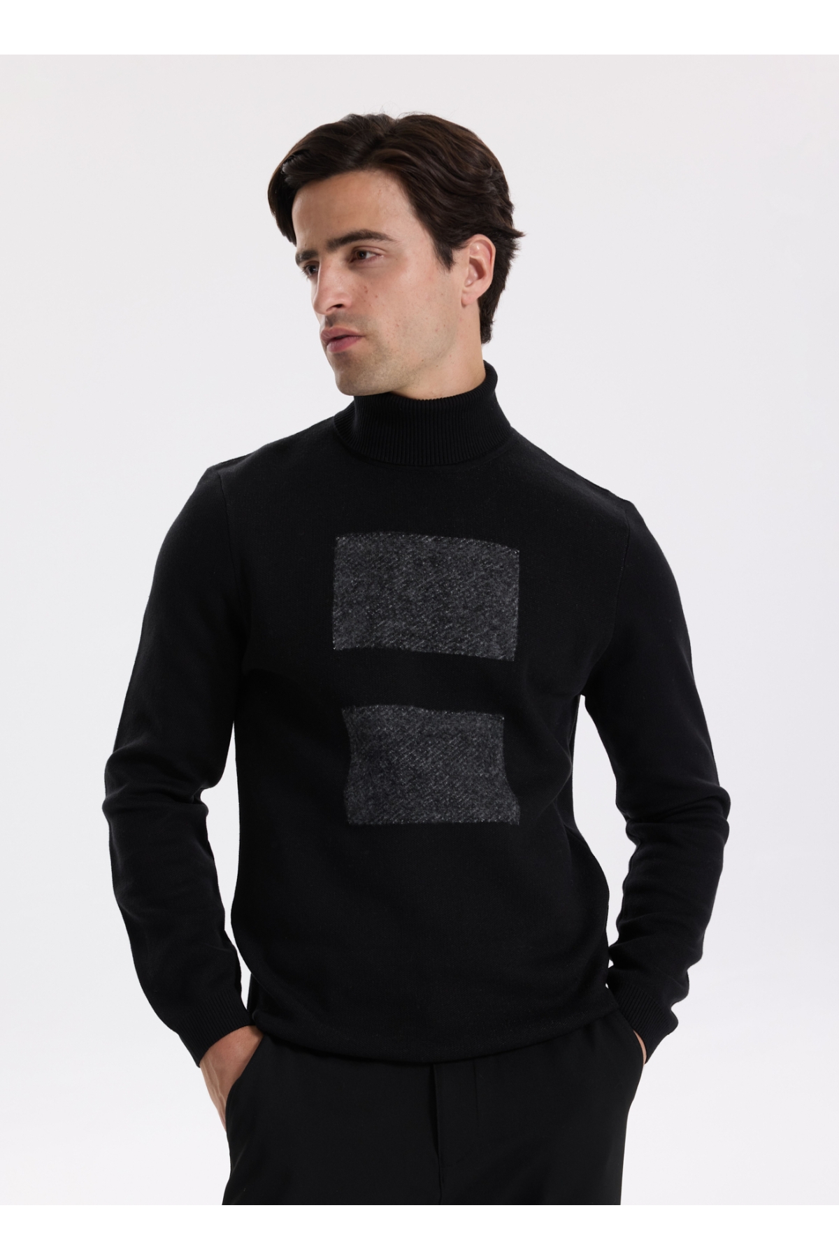 Tam Balıkçı Yaka Slim Fit Jakarlı Siyah Erkek Kazak F5WM-KZK 2308 ...