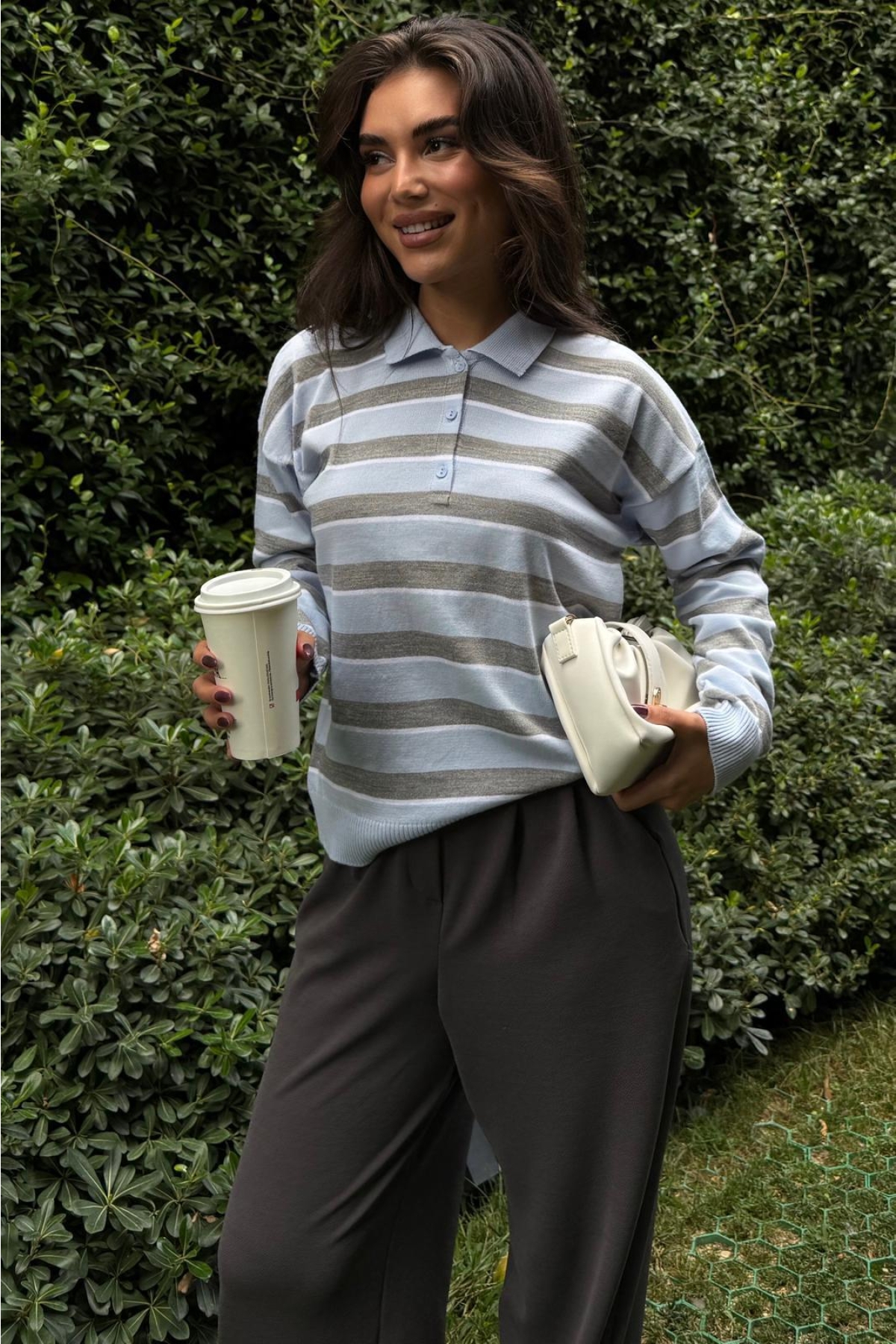 Mavi Çizgili Polo Yaka Düğmeli Kadın Kazak MG2561 Fiyatları | Flo